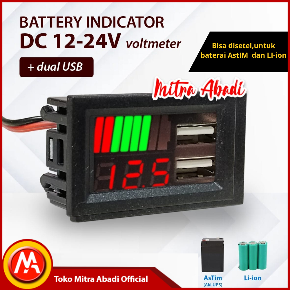 Jual Battery Indicator DC 12-24V Voltmeter + Dual USB Aki UPS Astim Li-ion Power Capacity Meter ...