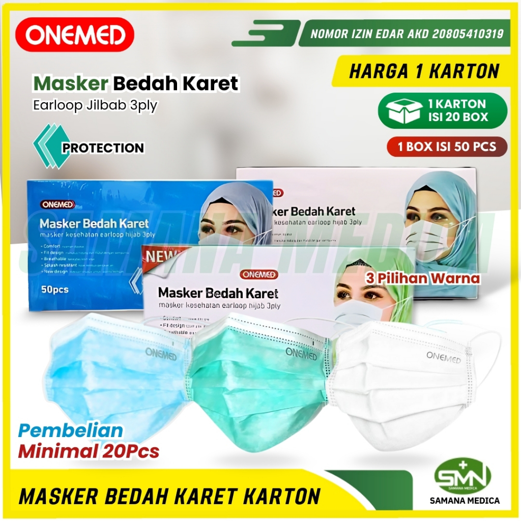 Jual ONEMED Masker Bedah Karet Hijab / Jilbab Earloop 3ply Nyaman Saat ...