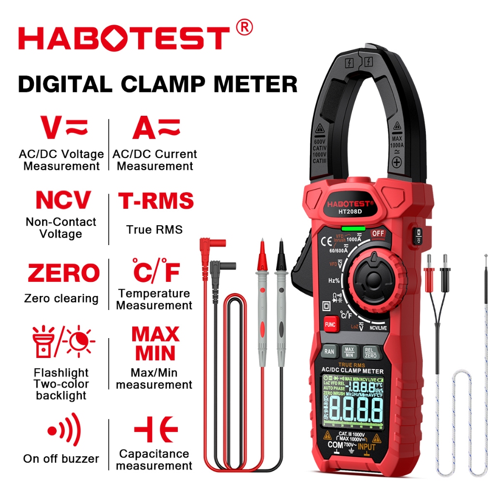 Jual HABOTEST HT208 Meteran Klem Digital 1000V/1000A AC/DC True-RMS NCV ...