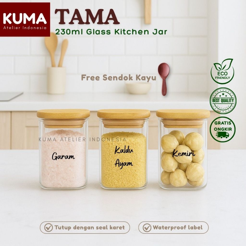 Jual KUMA Tama Toples Kaca Tutup Kayu 230ml Label Hitam Waterproof Free ...