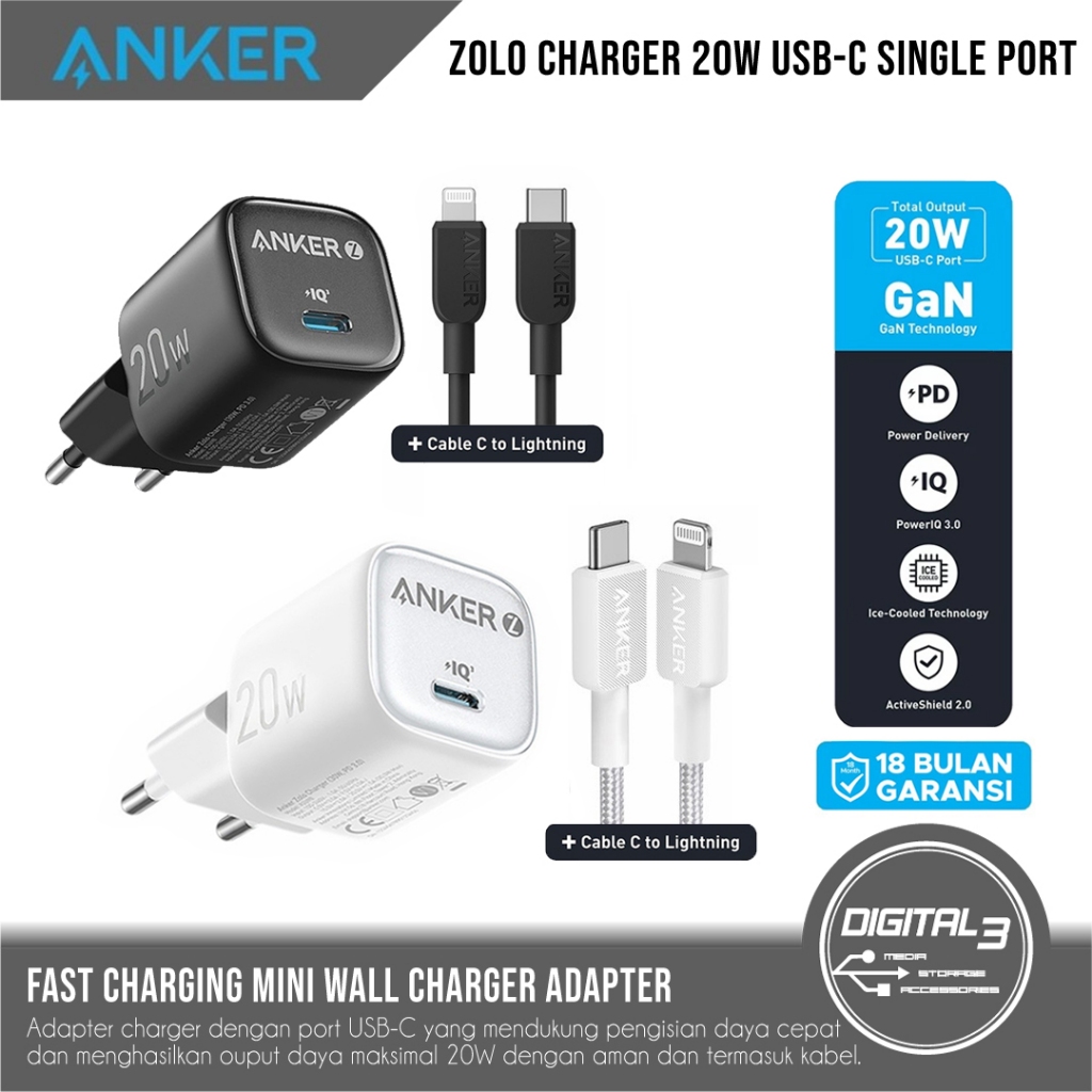 Jual ANKER ZOLO Mini Wall Charger Adapter 20W GAN USB-C Port PD3.0 QC3 ...