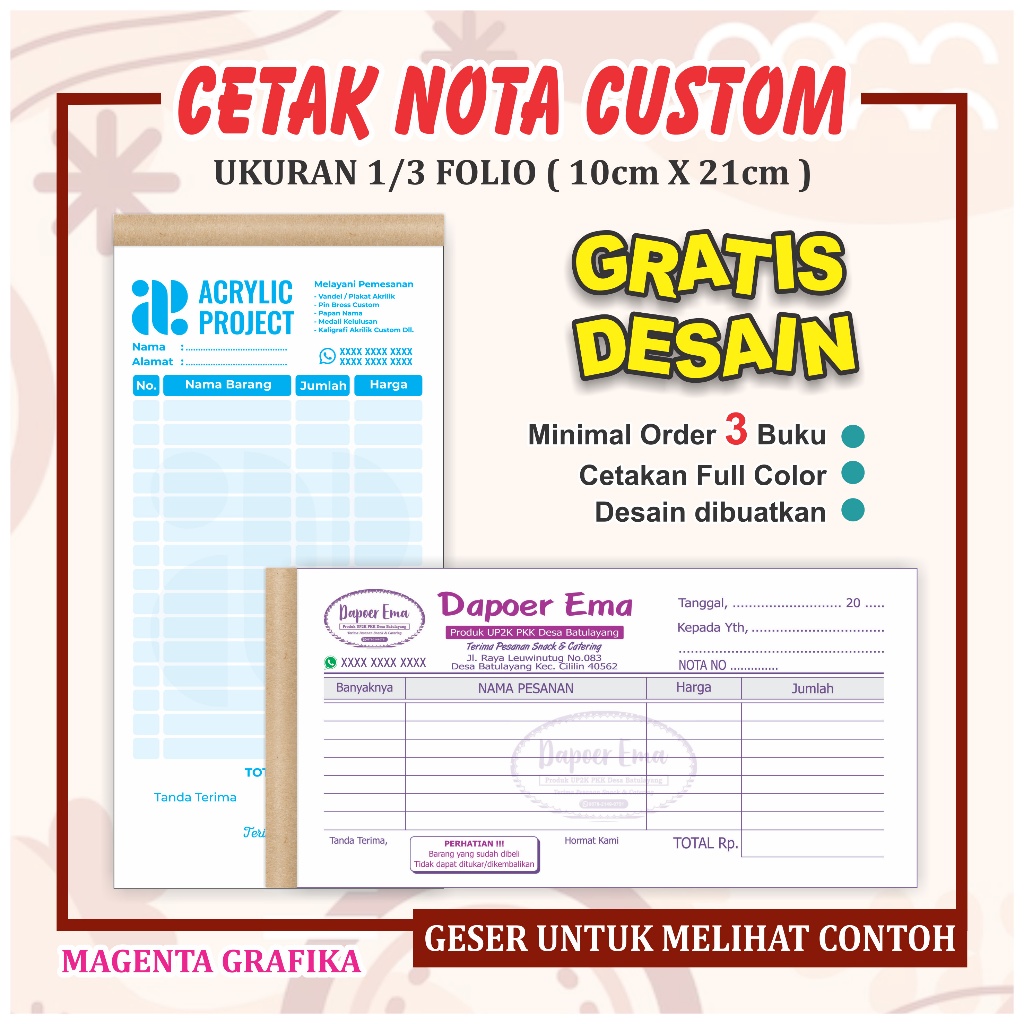 Jual cetak nota custom 1 ply 2 ply 3 ply nama usaha toko sendiri ukuran ...