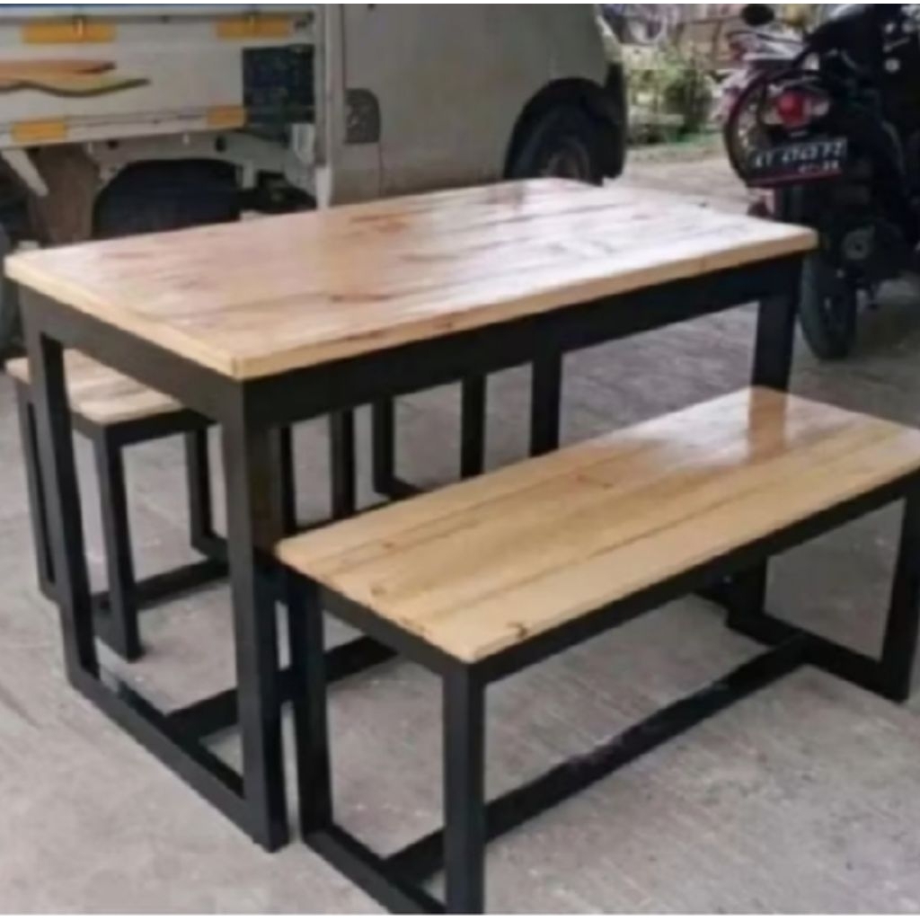 Jual meja makan caffe resto set + 2 kursi oanjang | Shopee Indonesia