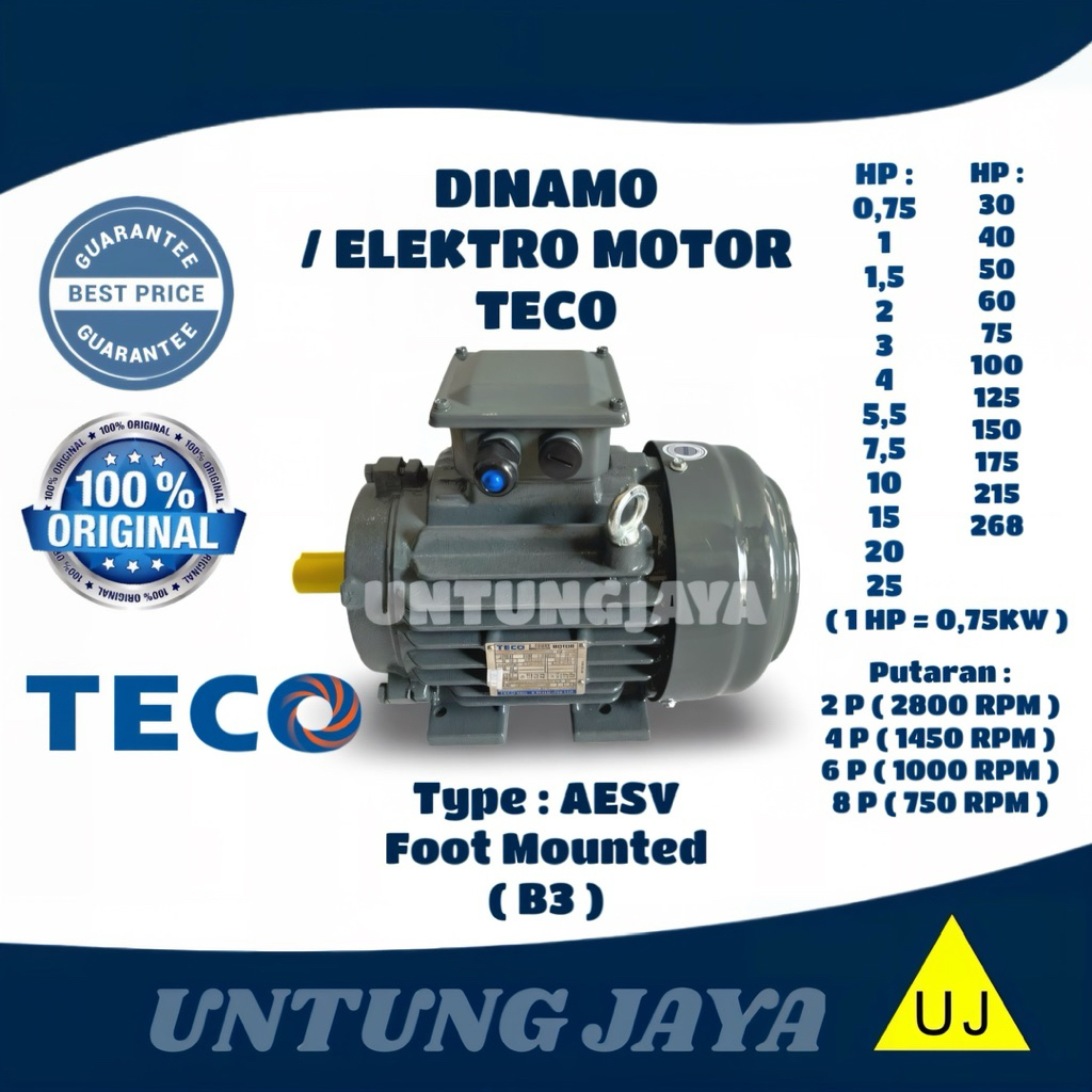Jual DINAMO ELEKTRO MOTOR TECO AESV 3 PHASE 1 HP 0,75 KW 4 POLE 1450 RPM / ELEKTRIK MOTOR TECO ...