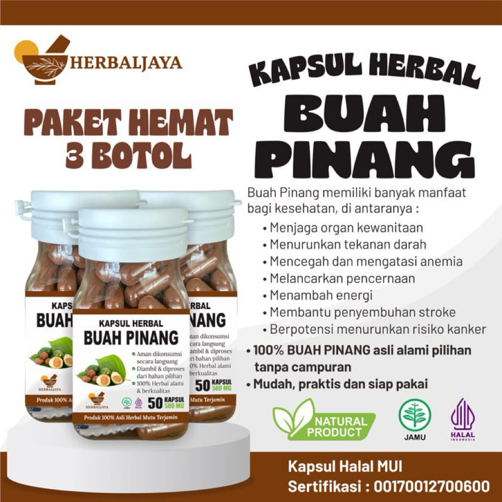 Jual HERBAL JAYA|| 3 BOTOL KAPSUL BUAH PINANG ISI 50 KAPSUL 100% ...