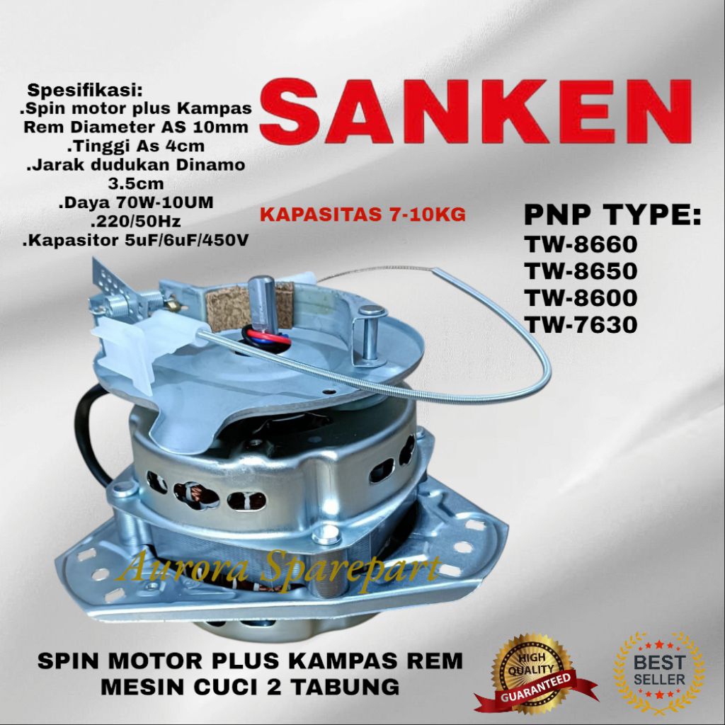 Jual Spin motor/Dinamo Pengering 70W Plus kampas rem SANKEN Mesin cuci ...