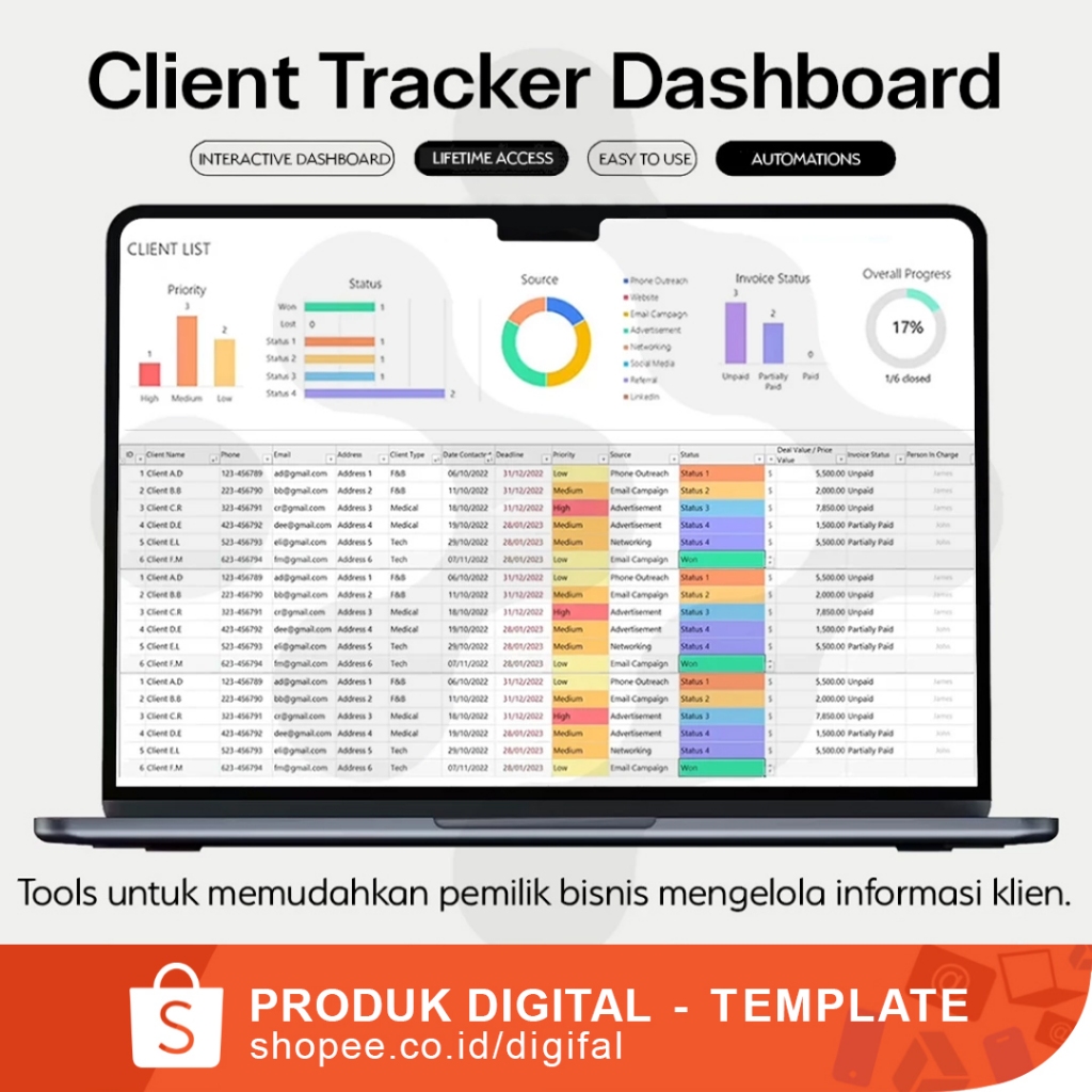 Jual Client Tracker Dashboard - CRM Dashboard Business Template Excel Solusi Terbaik Kelola ...