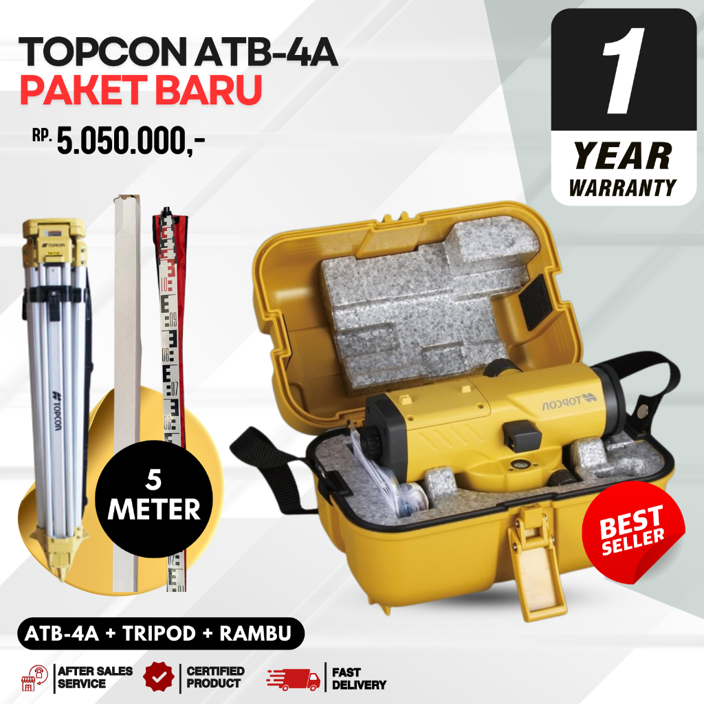 Jual Waterpass / Auto Level TOPCON ATB4A / ATB-4A / AT-B4A + Aluminium Tripod dan Rambu 5 m ...