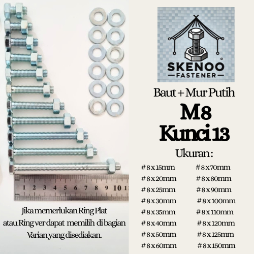 Jual (10 pcs) Baut Mur Putih, Ukuran M8 Kunci 13, Warna Stainless ...