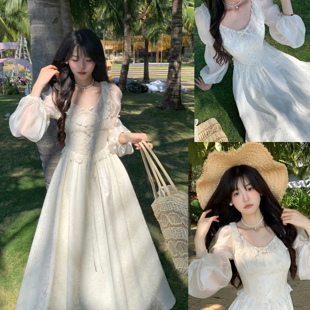 Jual Gaun Putri Premium Dress Fairy Broken White Lengan Panjnag Mewah ...