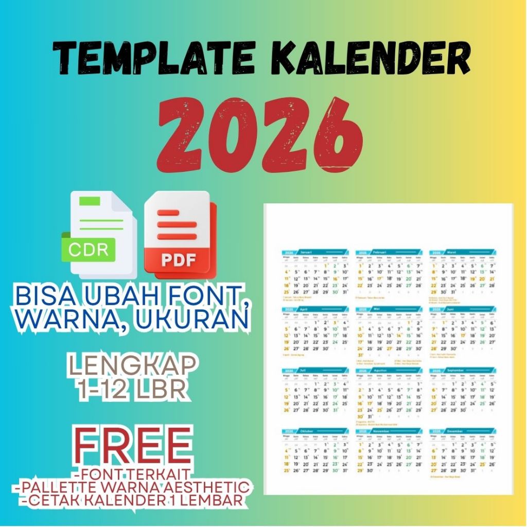 Jual TEMPLATE KALENDER 2026 CORELDRAW BISA GANTI WARNA, FONT, UKURAN ...