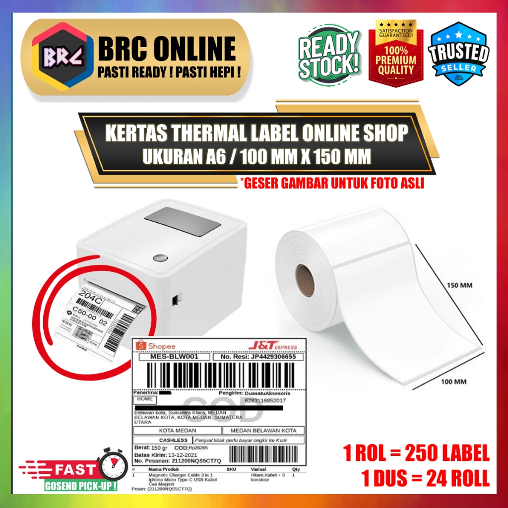 Jual Kertas Label Stiker Resi Thermal 100x150 isi 250PCS A6 Online Shop Shopee SPX JNE J&T ...