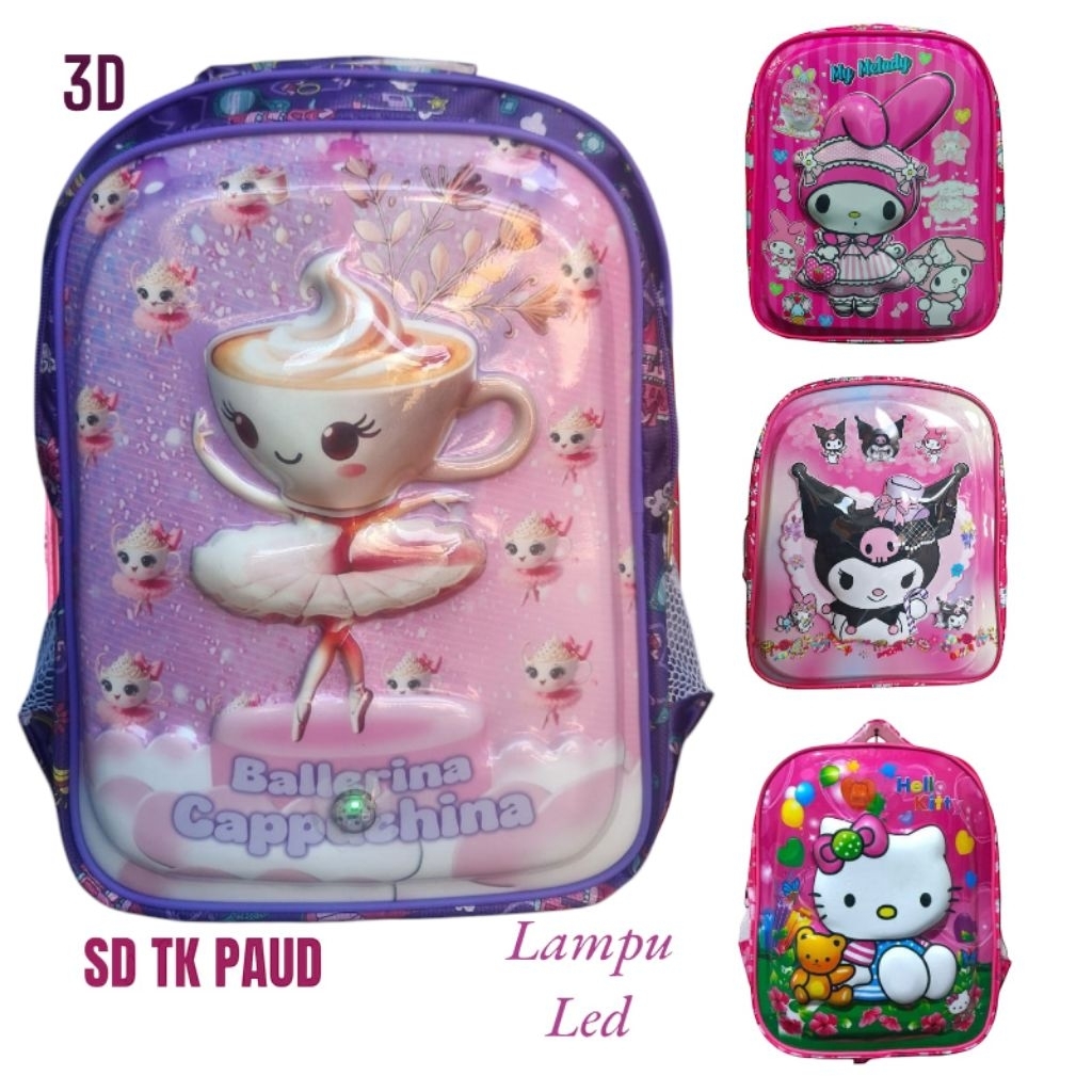 Jual HanDhiQi / BALLERINA / KUROMI TAS ANAK SEKOLAH PEREMPUAN SD TK DAN PAUD 3D LED EMBOS ...