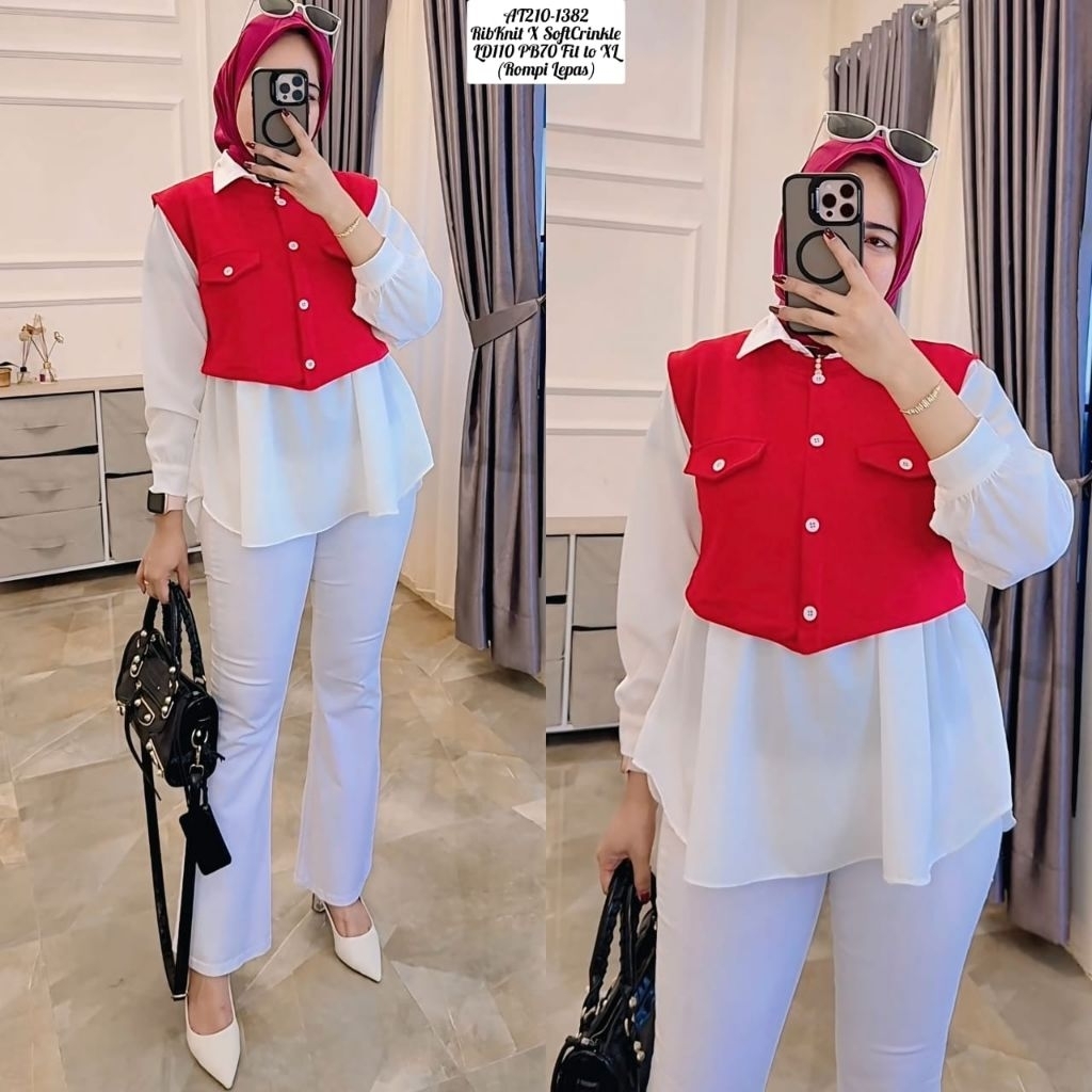 Jual ATASAN KOMBINASI MERAH PUTIH CRINKLE LD 100 // ATASAN WANITA MERAH ...