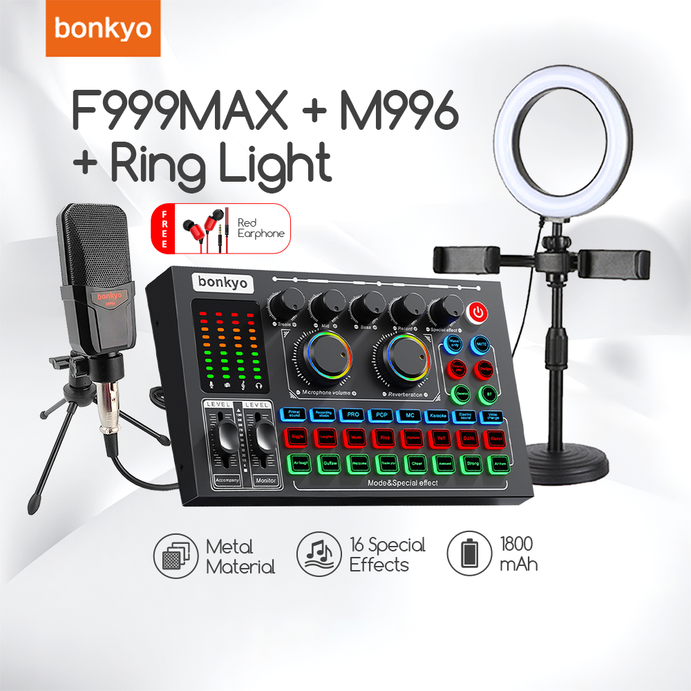 Jual Bonkyo Sound card F999MAX + mikrofon tripod M996 + lampu isi ...