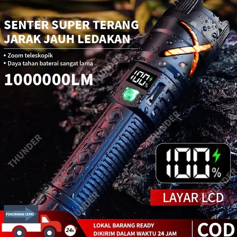 Jual Senter LED Super Terang Jarak Jauh 90000 lumens Zoomable Senter Tahan Lama Anti Air USB C ...