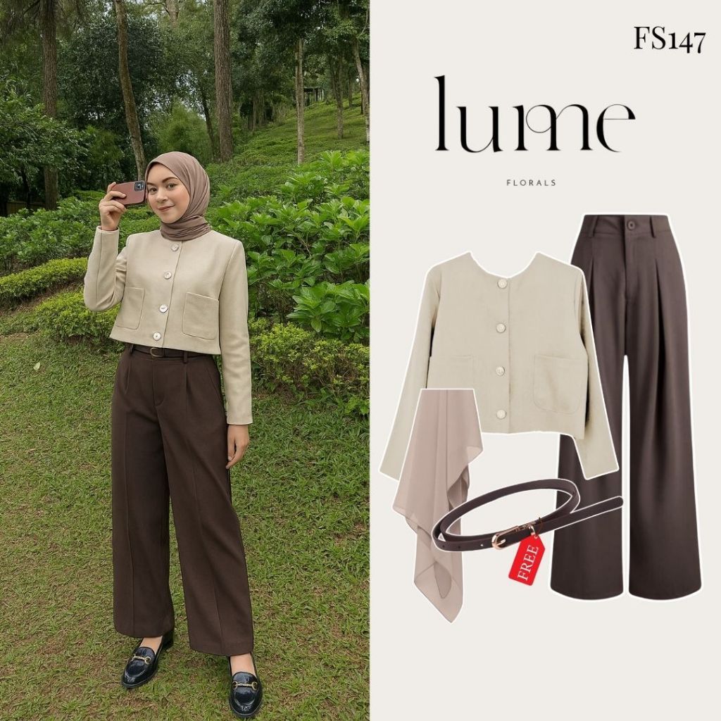Jual Lume Oneset 4in1 PREMIUM (Blazer Crop, Hijab, Belt, Celana Knit ...