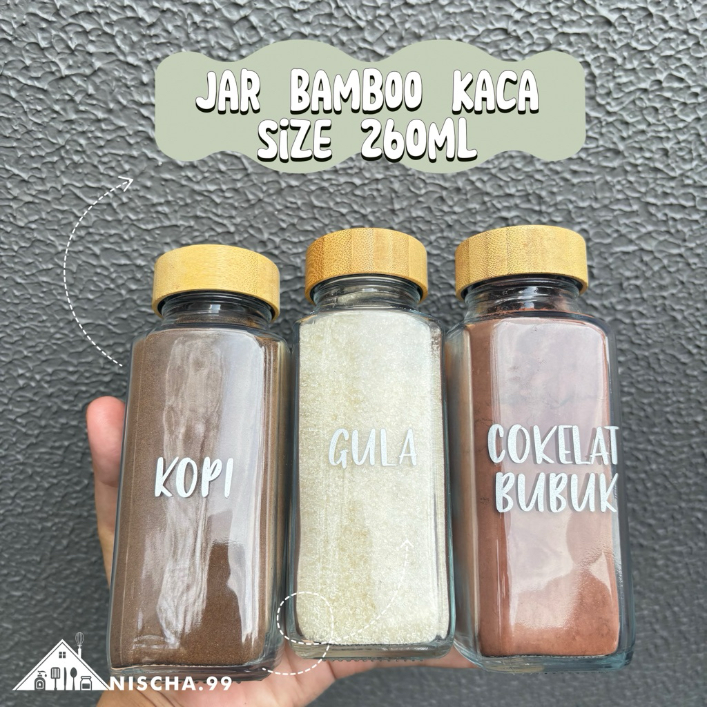 Jual Spesies Jar kaca Bumbu Dapur Tutup Bamboo Size 260ml Free Stiker ...