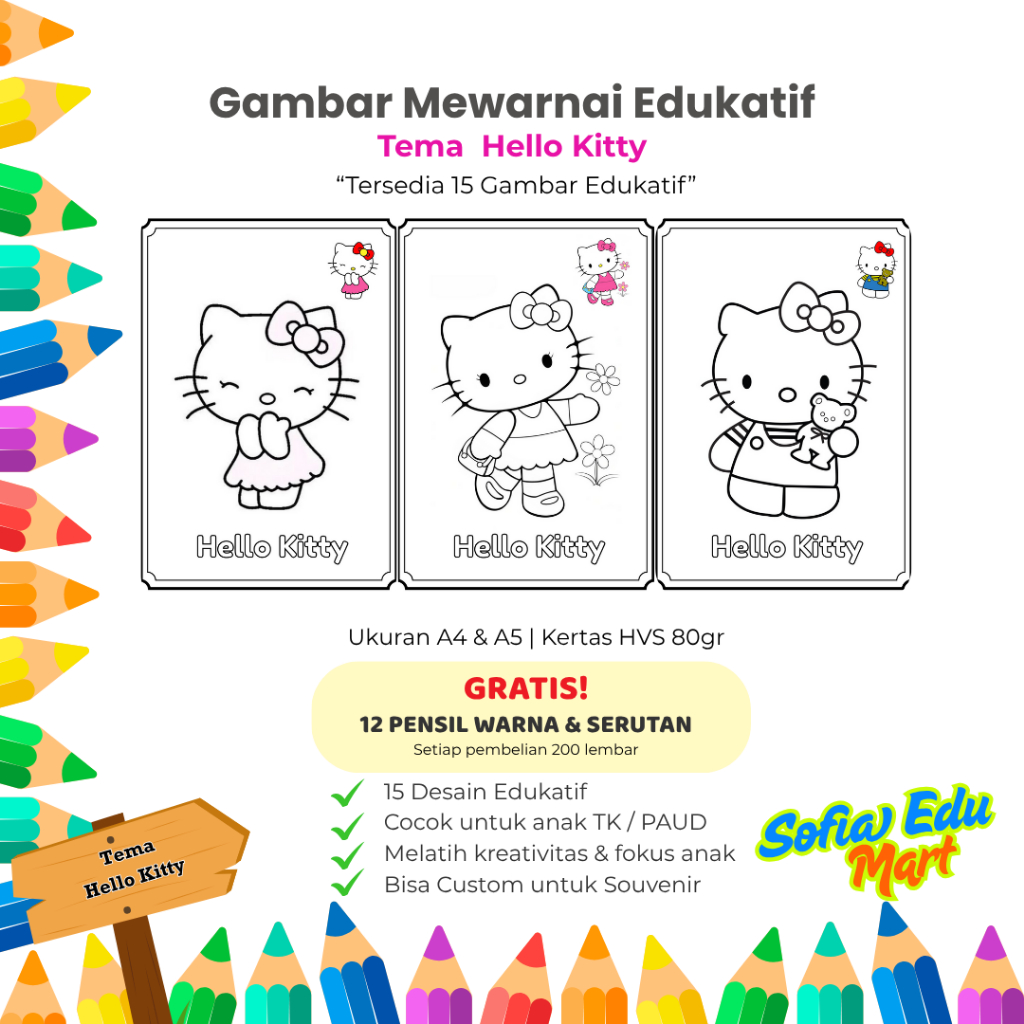 Jual Gambar Mewarnai Anak Seri Karakter Hello Kitty - Kertas HVS A4 dan ...