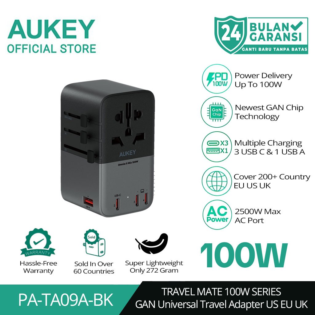 Jual AUKEY Universal Travel Adaptor GAN Type C 100W 4 Multiple Ports UK ...