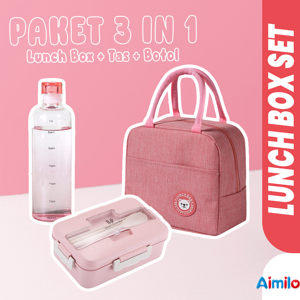 Jual Lunch Box Set Kotak Bekal Makan Botol Minum Lunch Bag Jerami Gandum Paket Kotak Makan ...