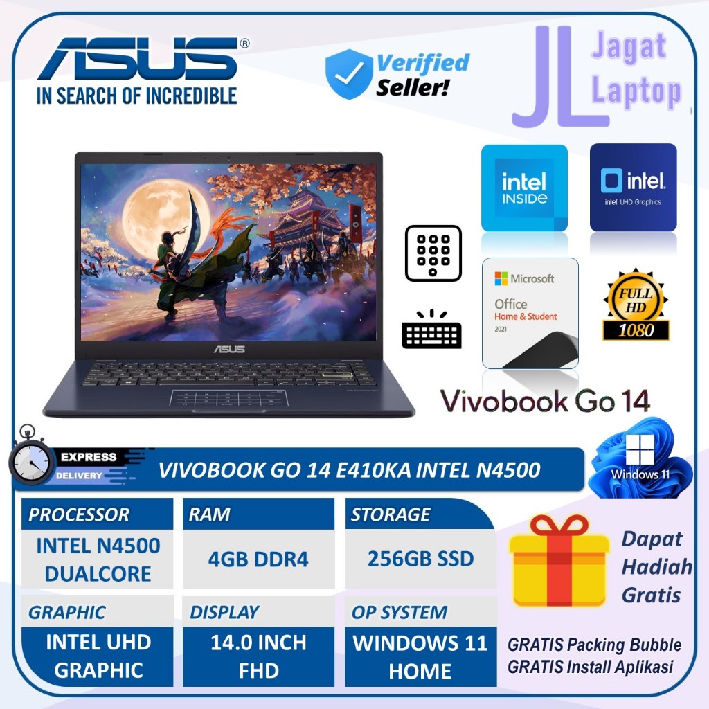 Jual Laptop Asus Vivobook Go 14 Intel N4500 8GB 256GB SSD 14" FHD Win11 OHS Garansi Resmi 2 ...