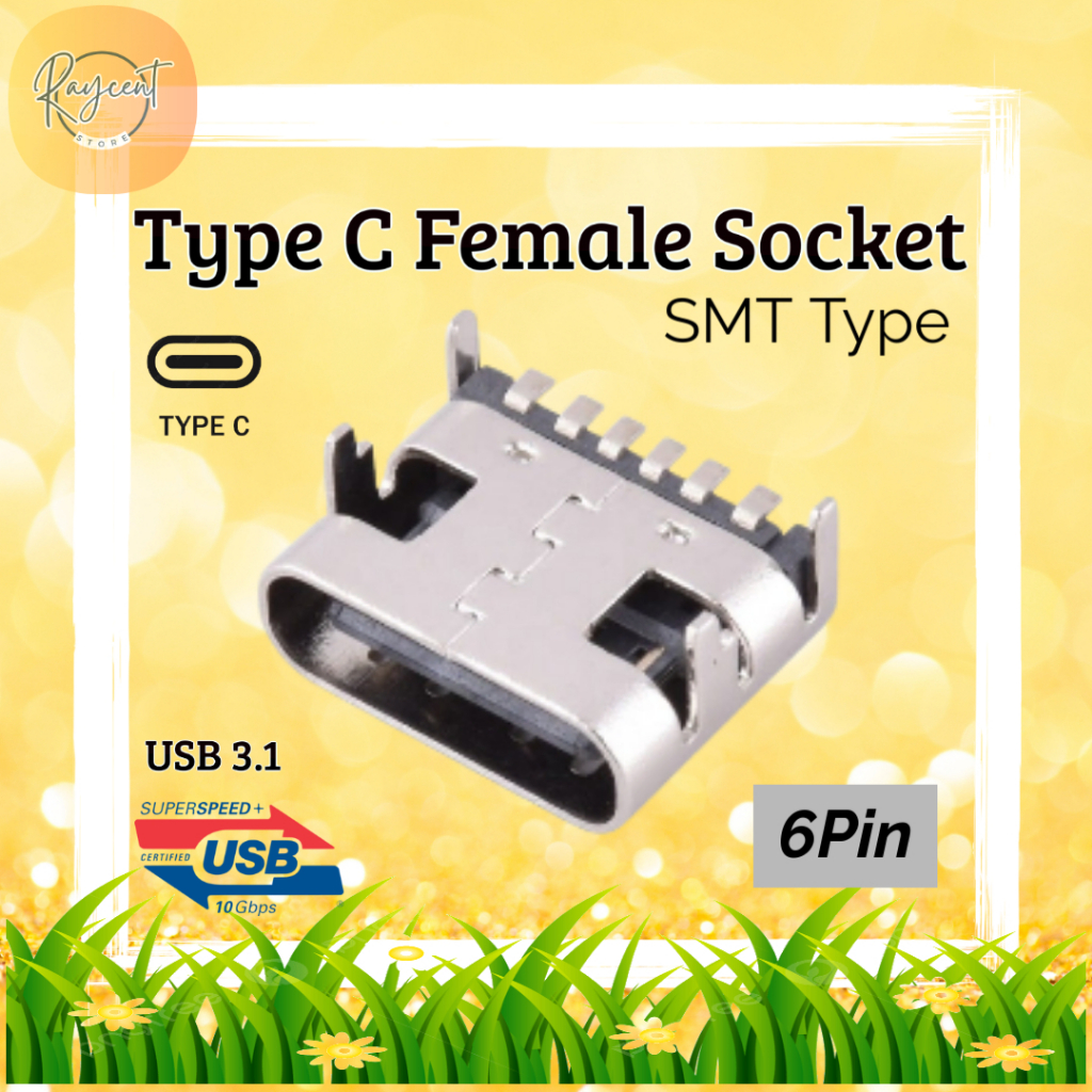 Jual Soket Type C Female 6P USB 3.1 HD SMT Betina Connector Socket Tipe ...