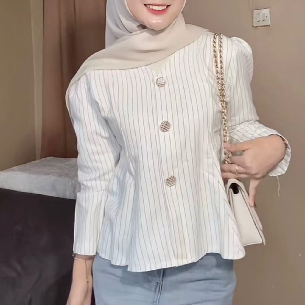 Jual Arika Blouse Stripe Atasan Peplum Wanita Salur Lengan Puff Fit ...