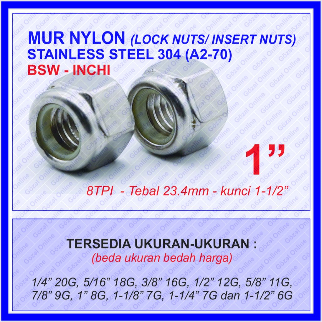 Jual MUR NYLON INCHI SS304 BSW 1" UNC 8TPI - Insert Lock nuts Stainless ...