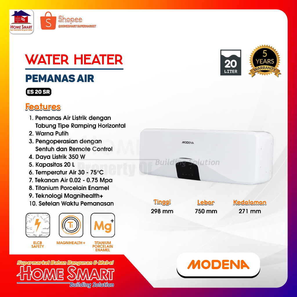 Jual MODENA Electric Water Heater - ES 20 SR ( 20 Liter) | Shopee Indonesia