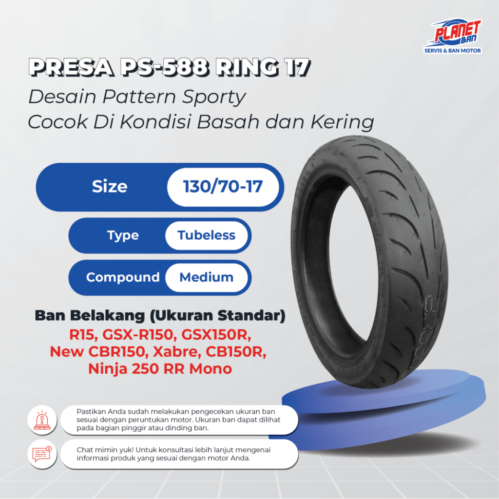 Jual Ban Motor Ring 17 - 130/70 Presa PS-588 (Ban Motor Xabre, R15, GSX-R150, GSX150R, New ...
