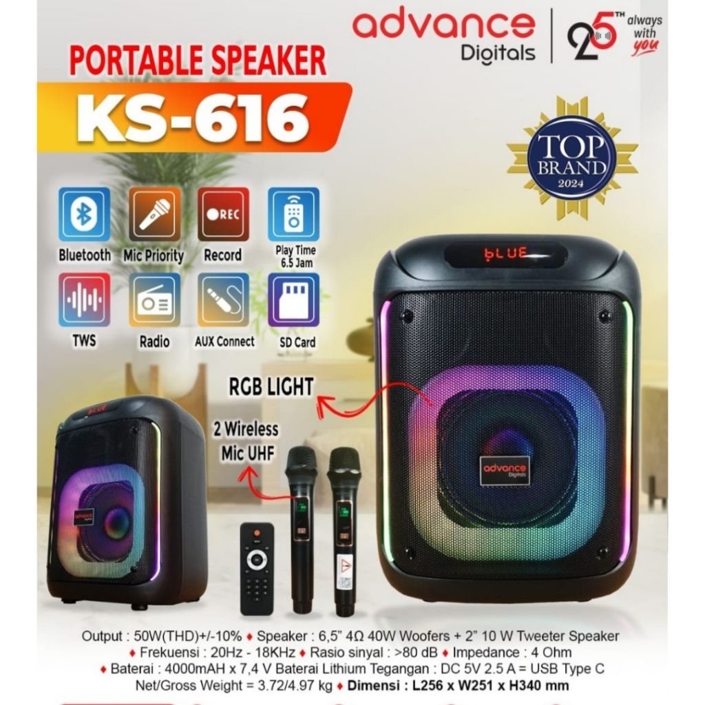Jual ADVANCE SPEAKER PORTABLE BLUETOOTH KS-616 BONUS 2 MIC KARAOKE ...