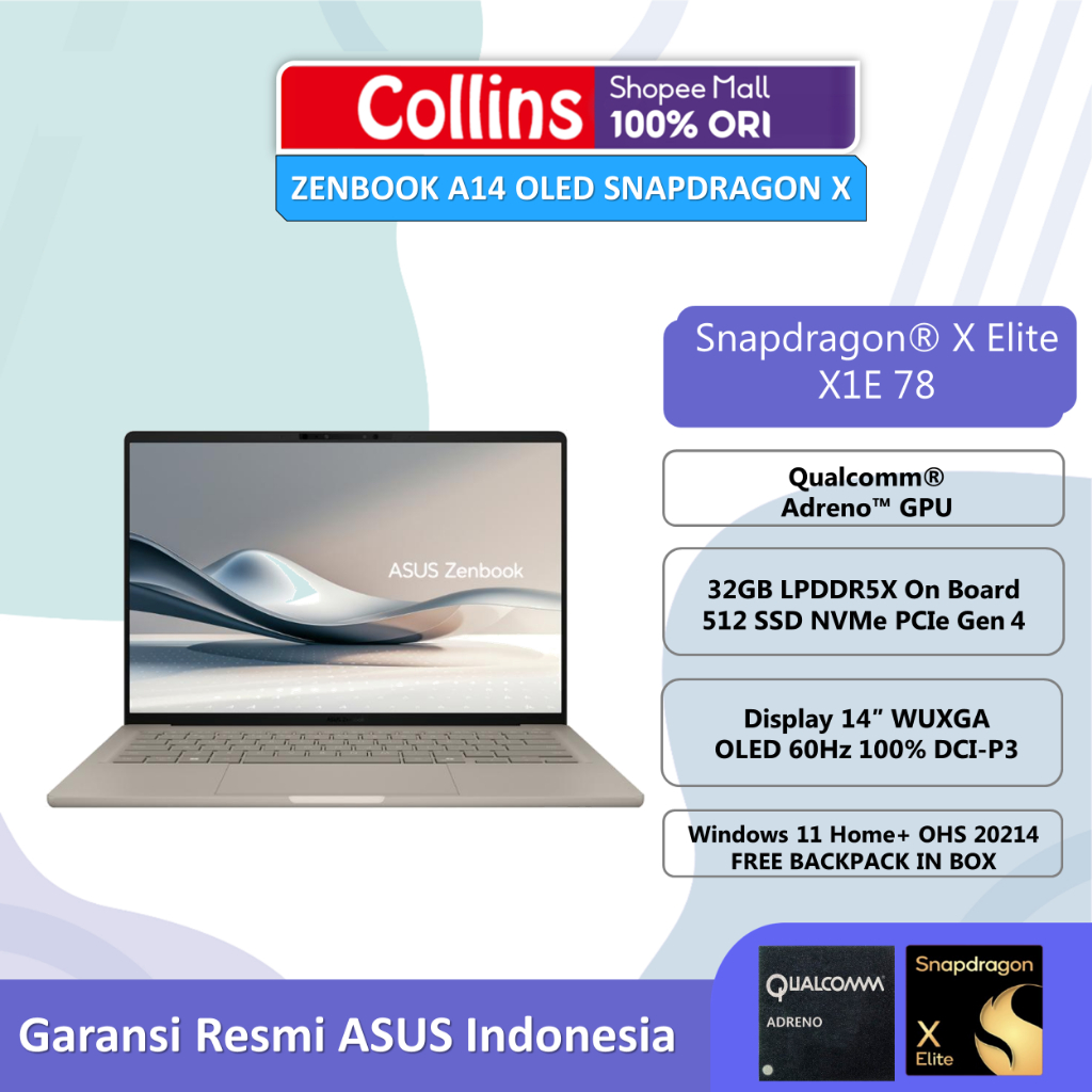 Jual ASUS ZENBOOK A14 OLED SNAPDRAGON X ELITE X1E78100 32GB 512GB W11 ...