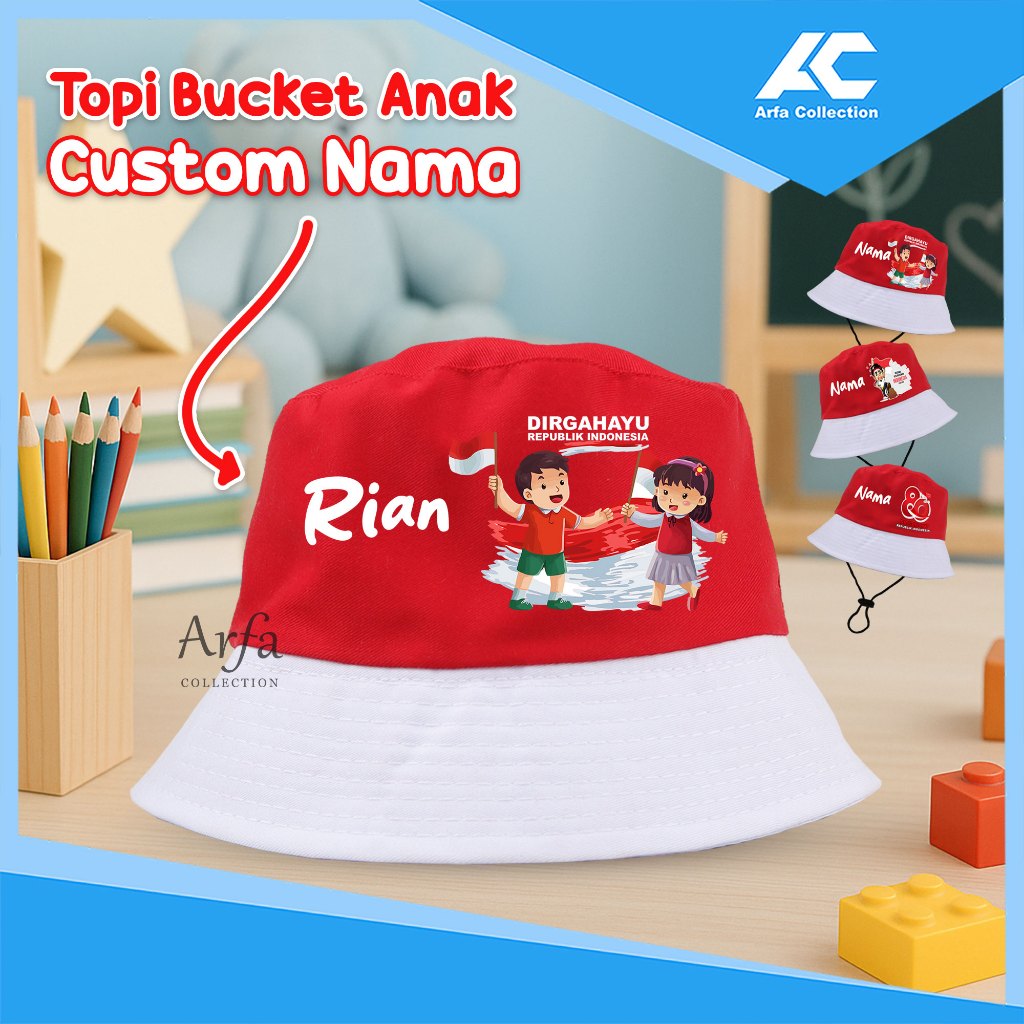 Jual Topi Bucket Anak 2 warna Merah Putih Custom Nama Sablon Edisi ...