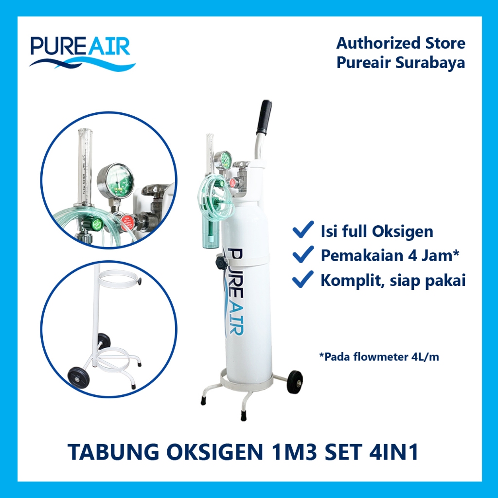 Jual Pureair Tabung Oksigen 1 M3 Set Komplit 4in1 (Tabung + Isi Oksigen + Regulator + Troli ...