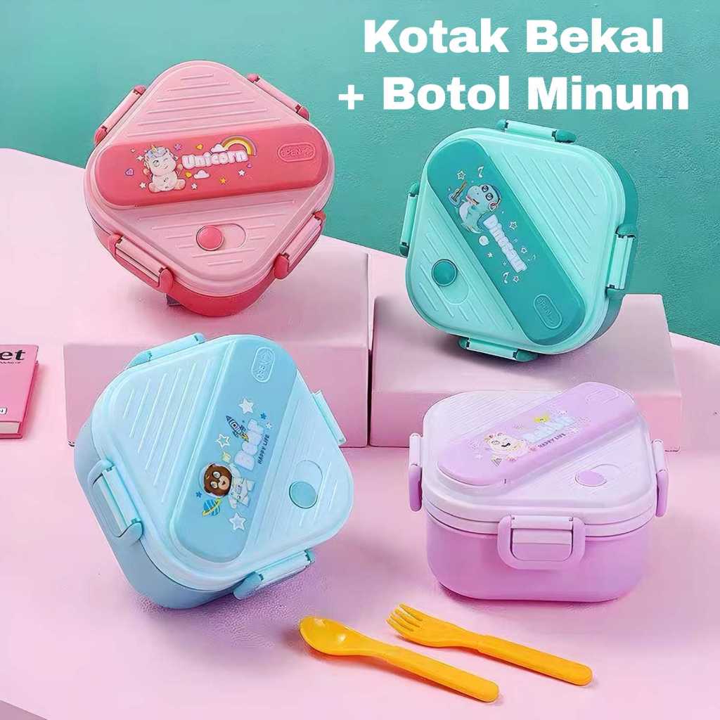 Jual KOTAK MAKAN SET + BOTOL MINUM FOOD GRADE / LUNCH BOX ANAK SEKOLAH + ALAT MAKAN BPA FREE ...