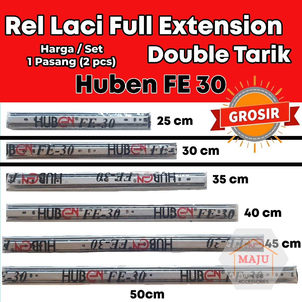 Jual Rel Laci Huben FE-30 30 cm Grosir Full Extension Double Track ...