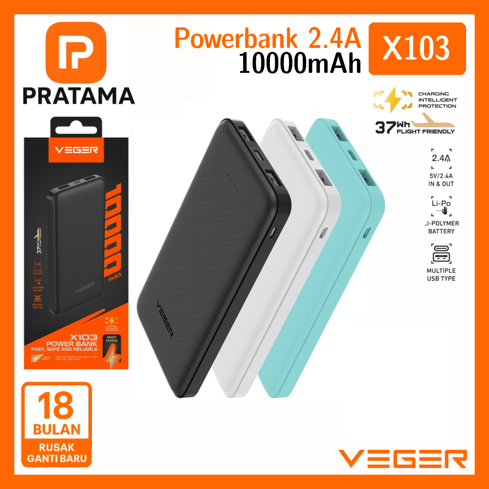 Jual Powerbank VEGER X103 Slim 10000mAh 2.4A Dual USB Output Original ...
