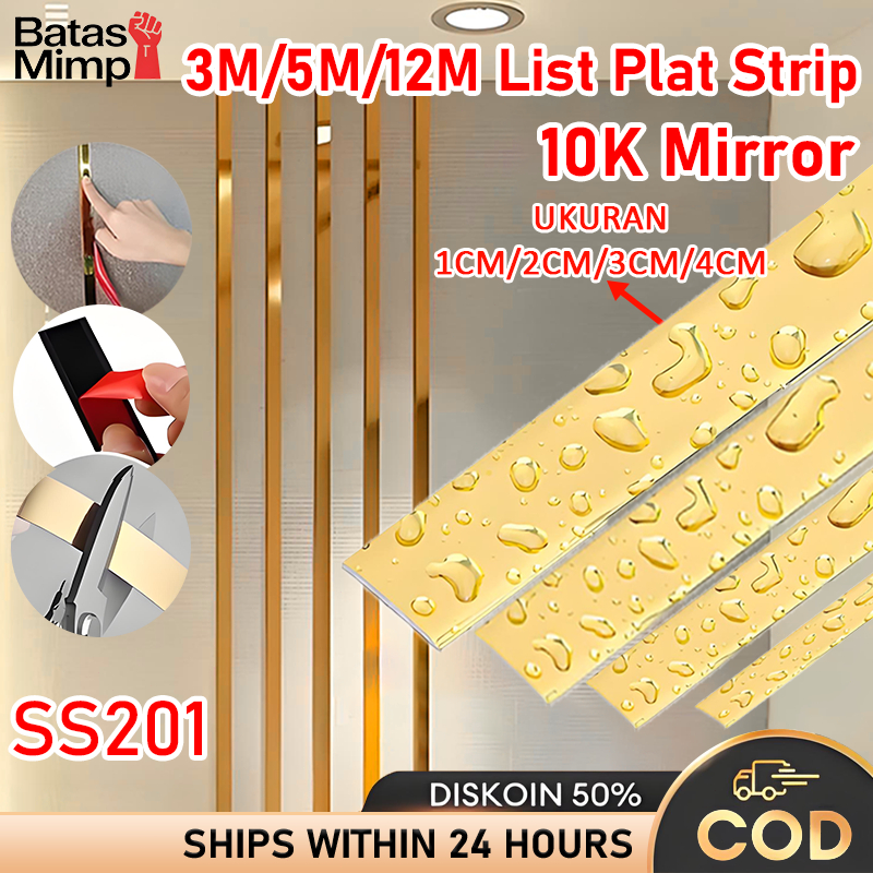 Jual 3M/5M/12M List Plat Strip Mirror Gold/Stiker Dinding Garis Datar ...