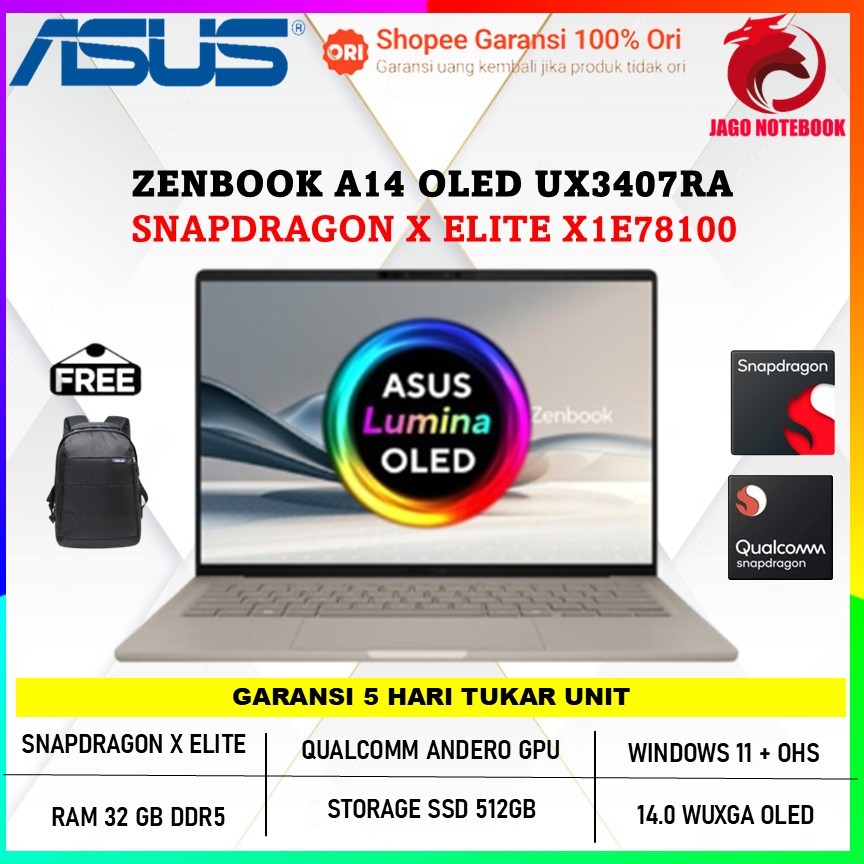 Jual ASUS ZENBOOK A14 OLED UX3407RA SNAPDRAGON X ELITE X1E78100 32GB ...