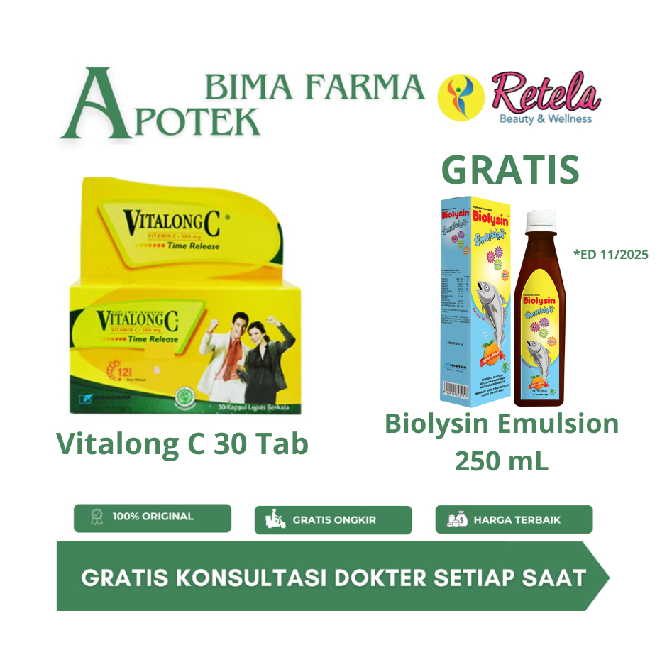 Jual Vitalong C 30 Kapsul - Suplemen Vitamin C Daya Tahan Tubuh (Free Biolysin Emulsion 250 mL ...