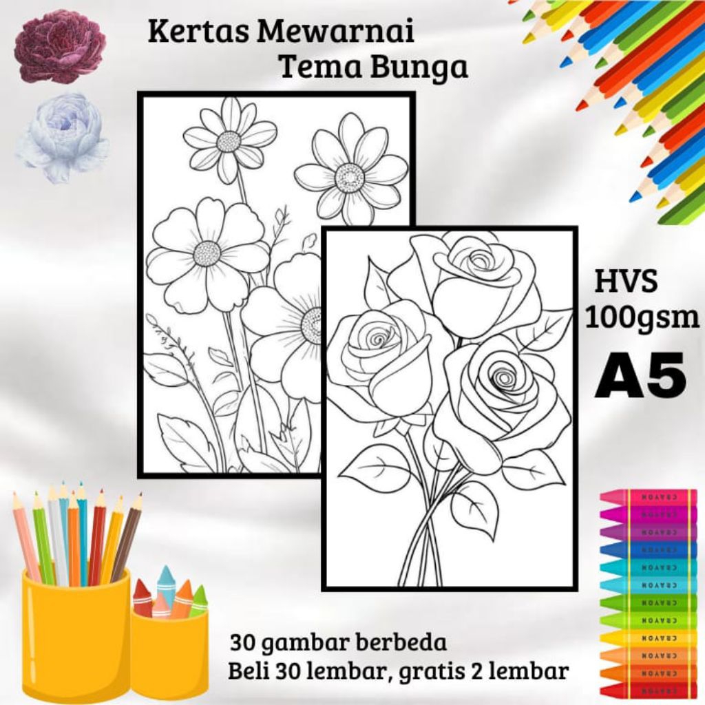 Jual 30 LEMBAR KERTAS GAMBAR MEWARNAI TEMA BUNGA (READY LANGSUNG KIRIM ...
