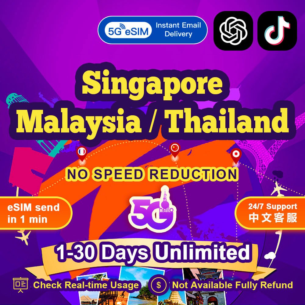Jual Malaysia,Thailand,Singapore eSIM 5G High speed 1-30 days 500MB-15GB Unlimited data Asia ...