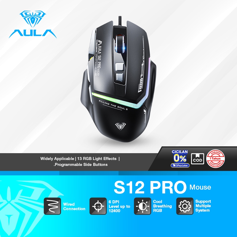Jual AULA S12 Pro Wired Gaming Mouse,12800 DPI Optical Gamer Mouse with RGB Backlit,8 ...