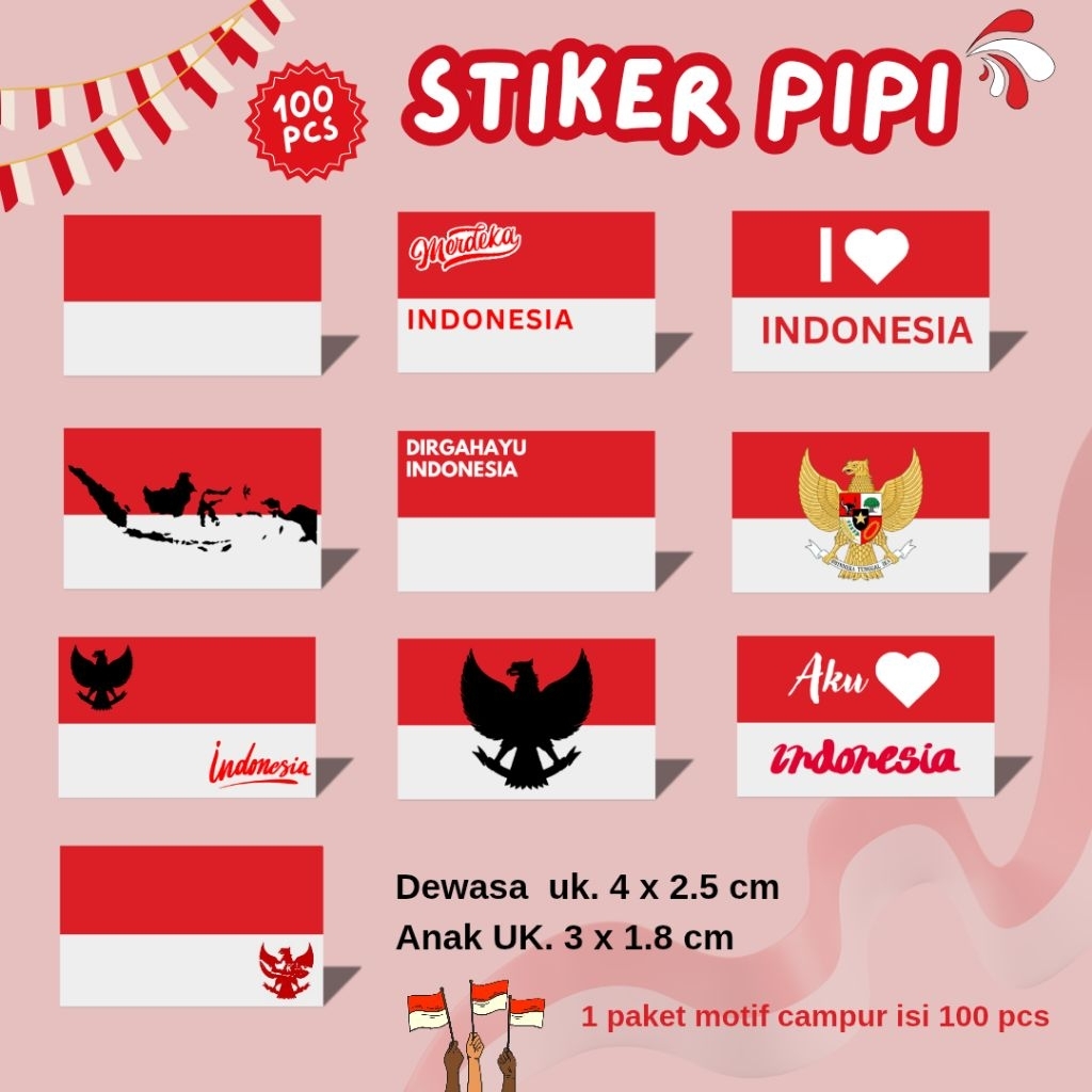 Jual Stiker bendera pipi agustusan untuk dewasa dan anak 100 pcs ...