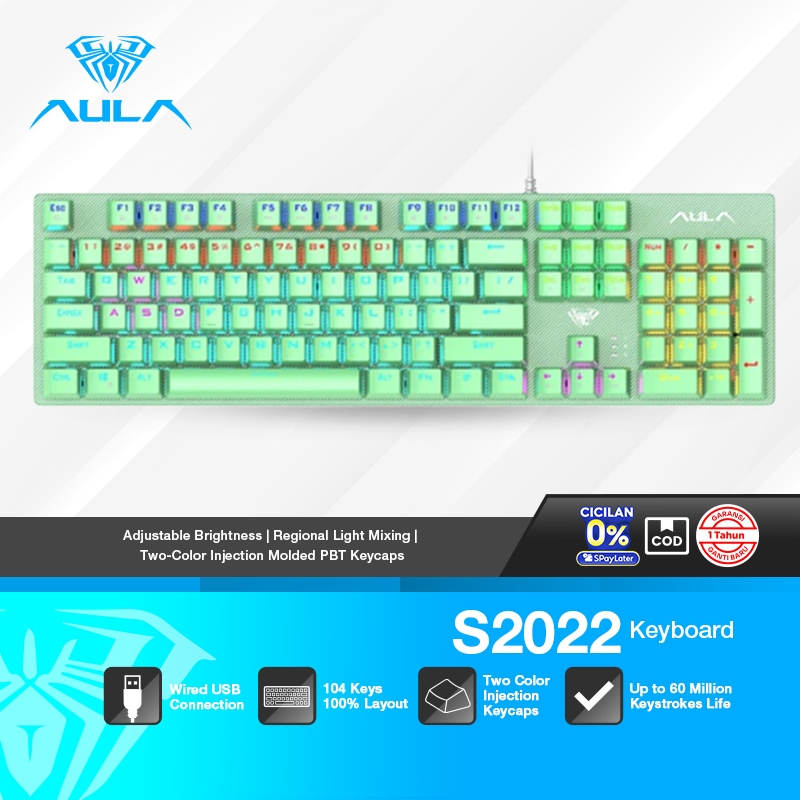 Jual AULA Keyboard Mechanical Gaming S2022 Cyan - Keycaps PBT 104 Keys Kabel Berkualitas RGB ...