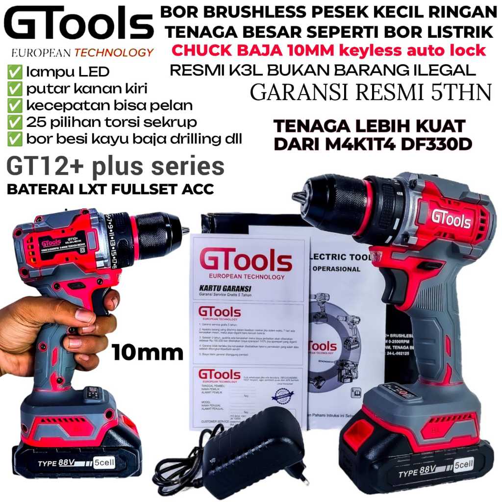 Jual Gtools RAJA BOR drill BRUSHLESS TYPE gt12+ 10mm keyless auto lock baterai lxt 88v mesin bor ...
