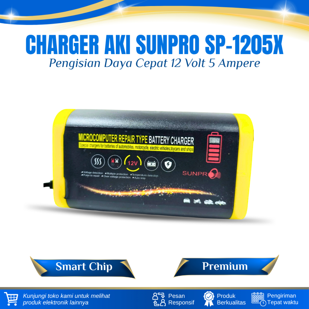 Jual CHARGER AKI PORTABLE 12V 5A SUNPRO SP-1205X CAS AKI 12V 5A CHARGER ...