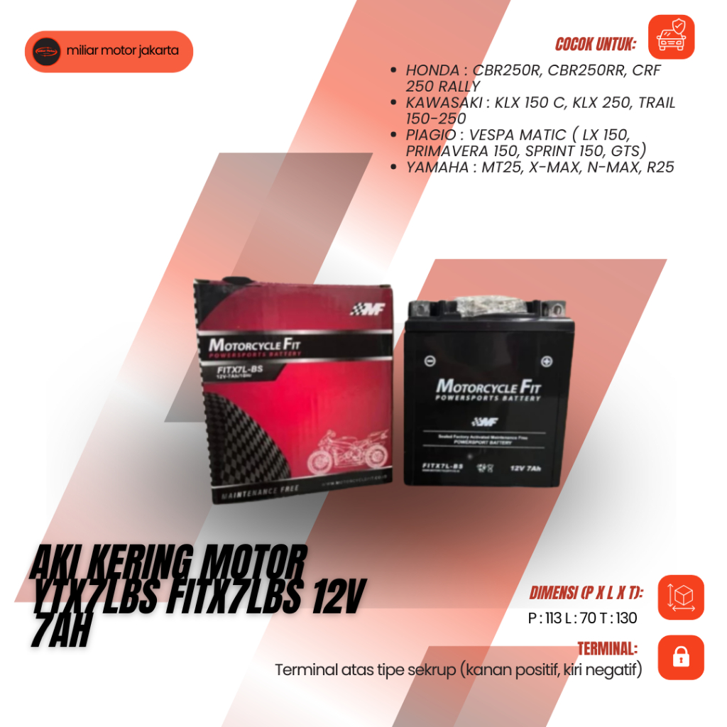 Jual Aki Kering Motor YTX7LBS FITX7LBS 12V 7Ah Yamaha R25 MT25 CBR250 CRF250 KLX Vespa LX 150 ...