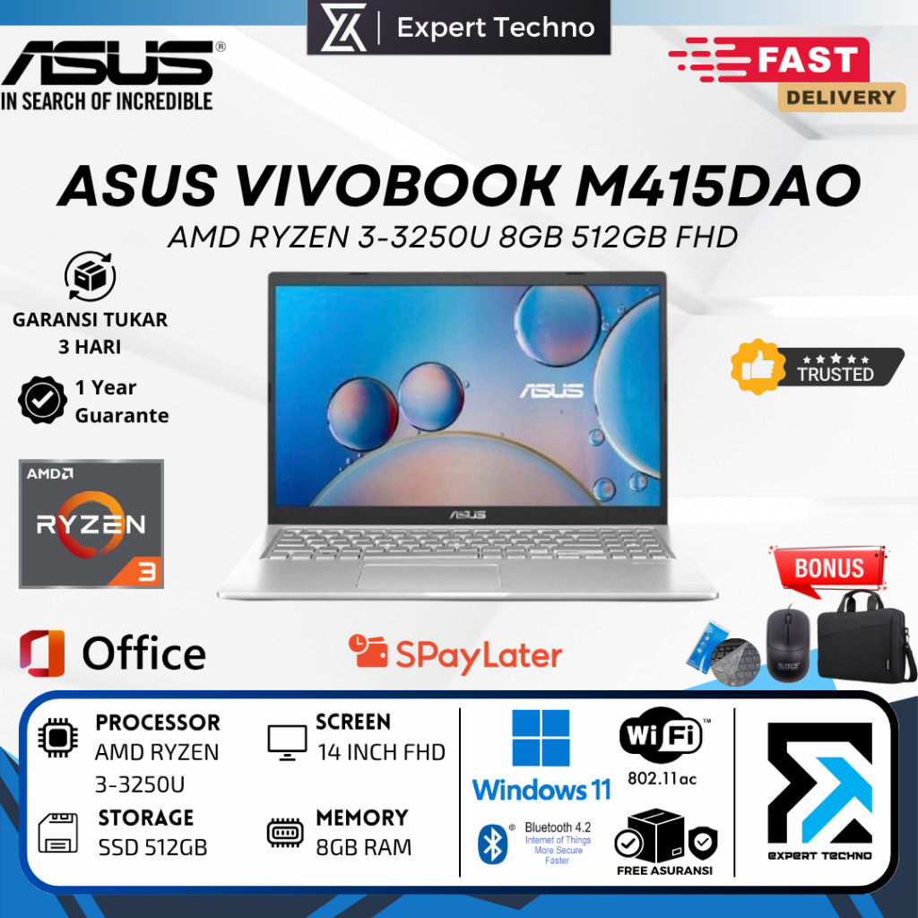 Jual ASUS VIVOBOOK M415DA AMD RYZEN 3-3250U 8GB RAM 512GB SSD 14" FHD ...